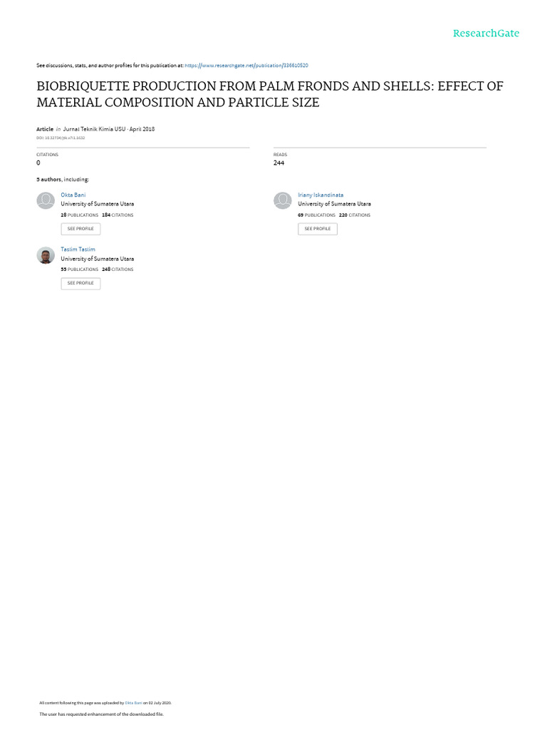 Biobriquette Production From Palm Fronds and Shells: Effect of Material ...