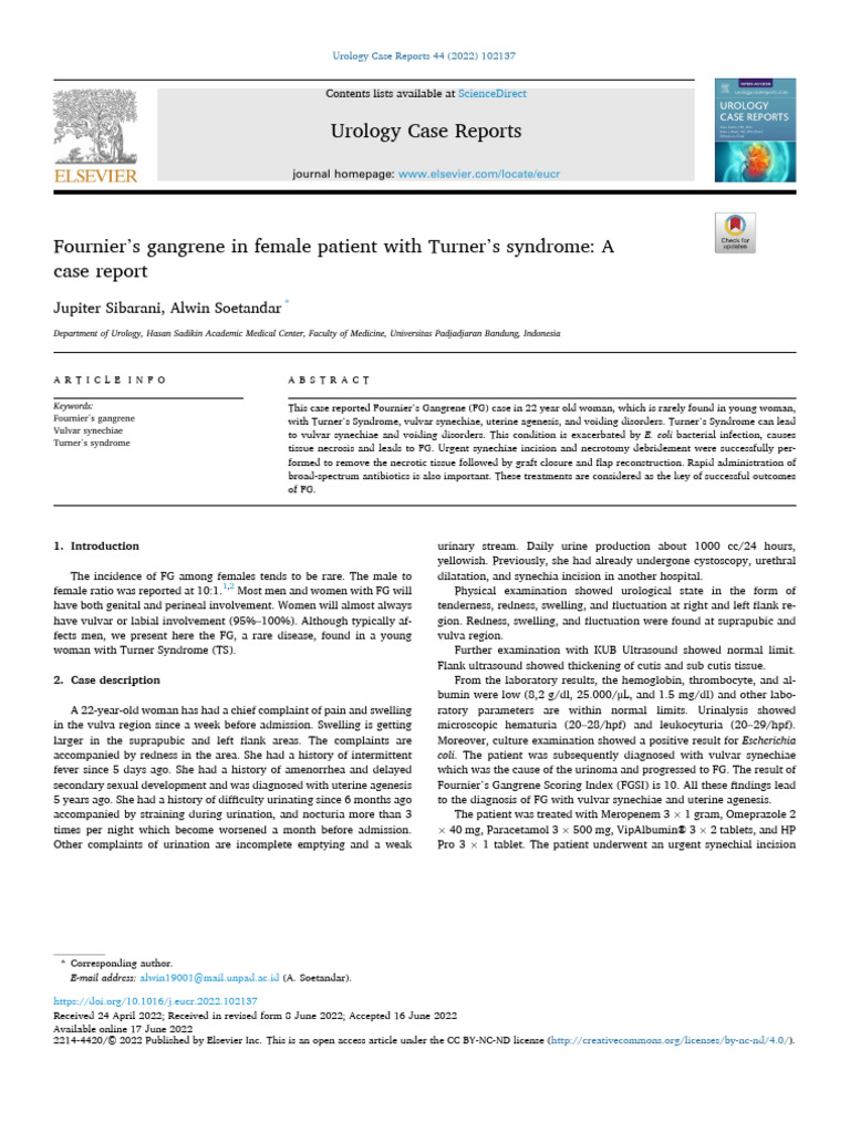 Fourniers Gangrene in Female Patient With Turner's Syndrome A Case ...