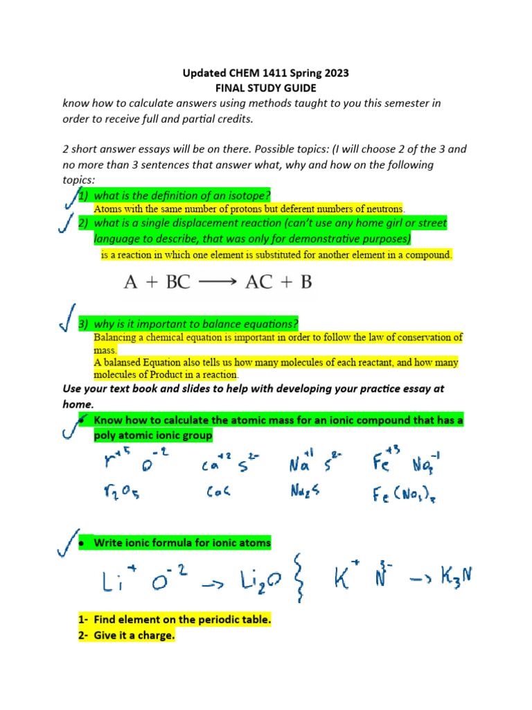 Chem 1411 Updated Study Guide 2 | PDF