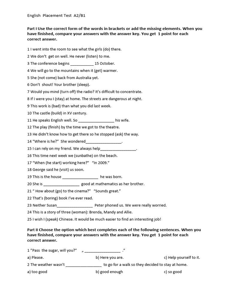 A2/B1 English Placement Test PDF | PDF