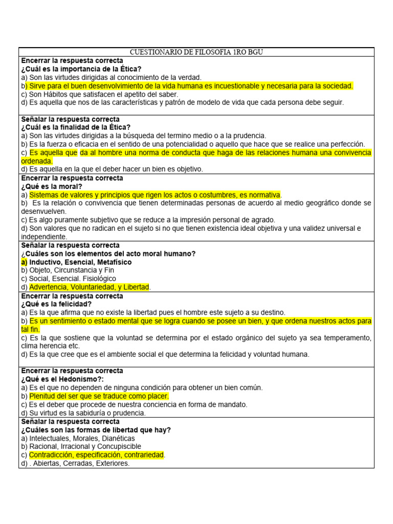 Cuestionario FILOSOFIA DE 1RO DE GBU | PDF