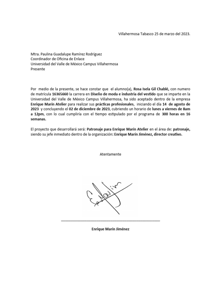 Formato Carta de Aceptación Prácticas Profesionales UVM Rosa Isela Gil | PDF | Crecimiento ...
