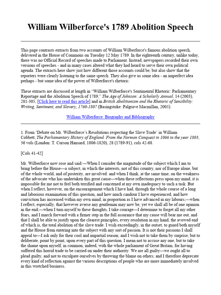 William Wilberforce Abolition Speech (1789) | PDF | Abolitionism | Slavery