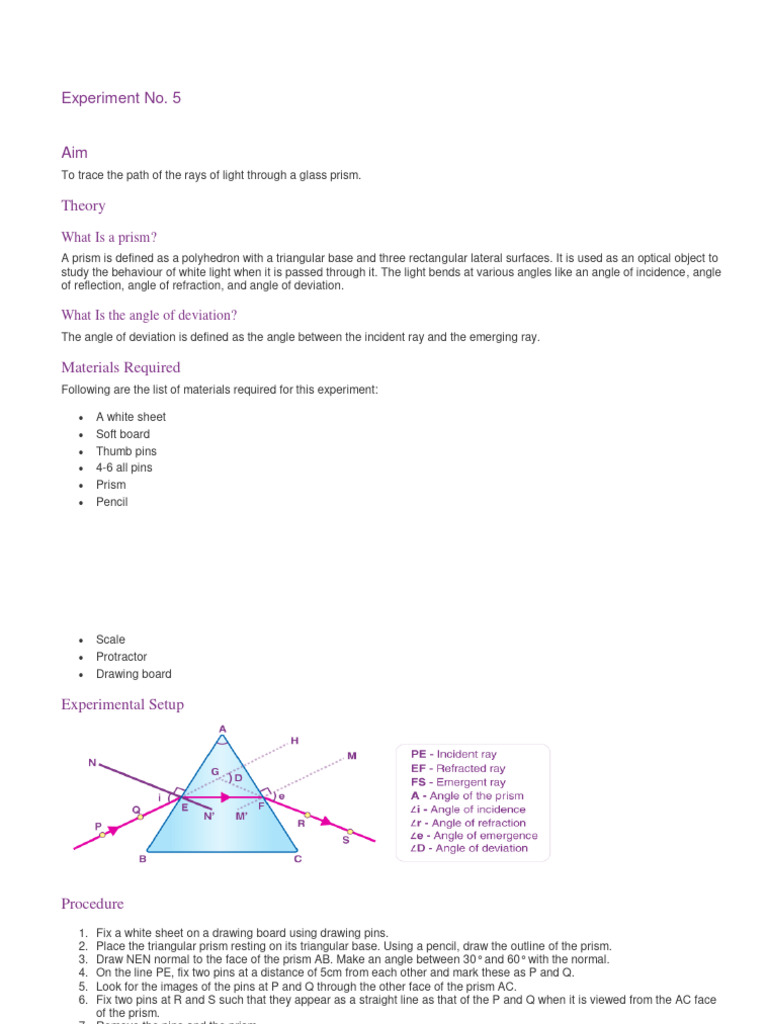 Light Refraction Through Prism Experiment | PDF | Refraction | Angle
