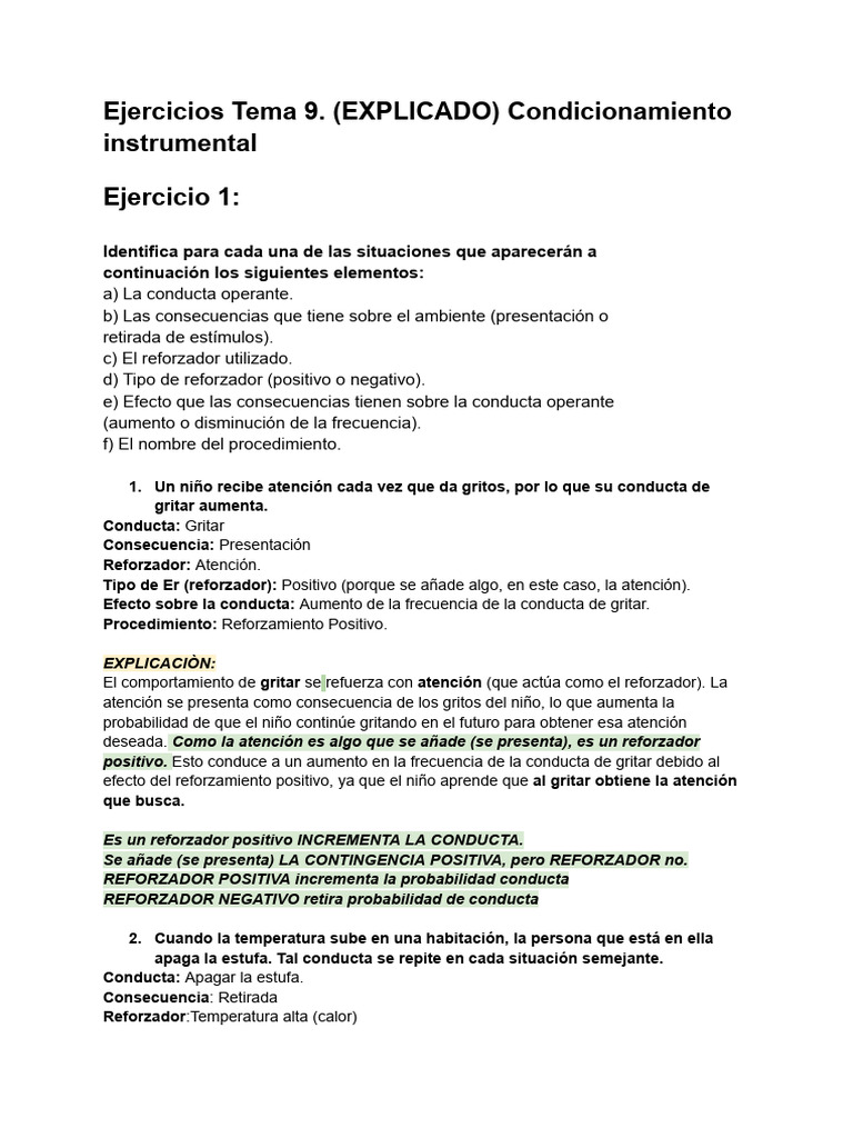 Ejercicios Tema 9. (EXPLICADO) Condicionamiento Instrumental | PDF