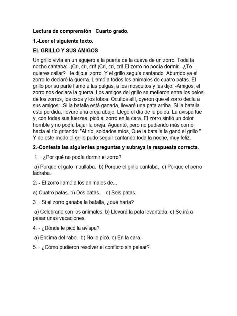Lectura De Comprensión Cuarto Grado Pdf