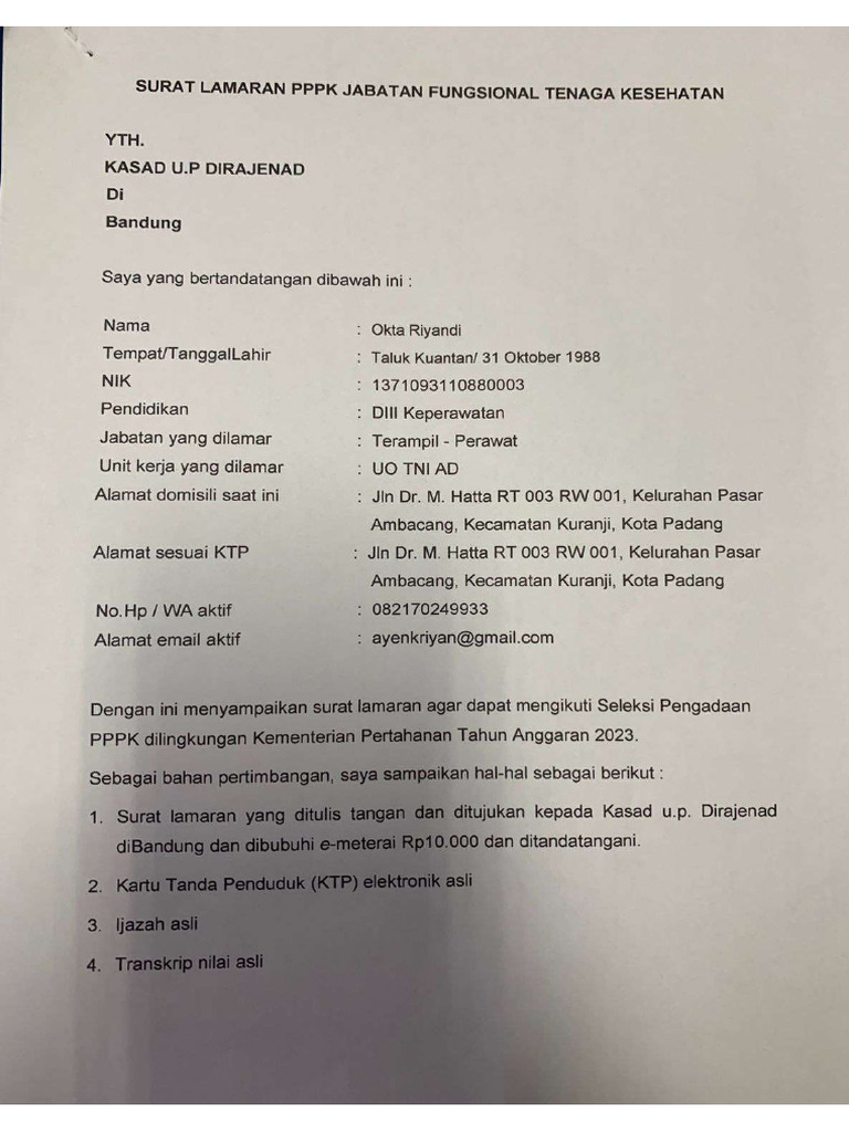 Surat Lamaran PPPK Okta | PDF