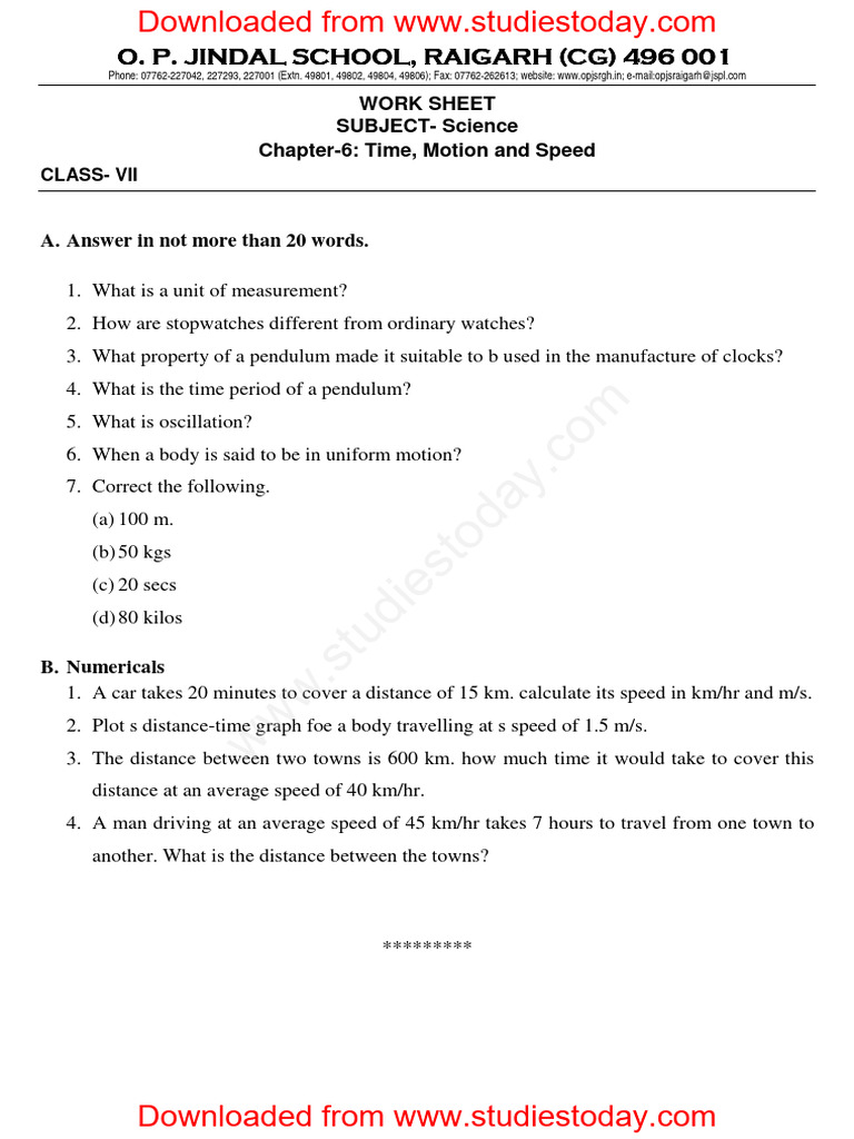 CBSE Class 7 Science - Time, Motion and Speed | PDF