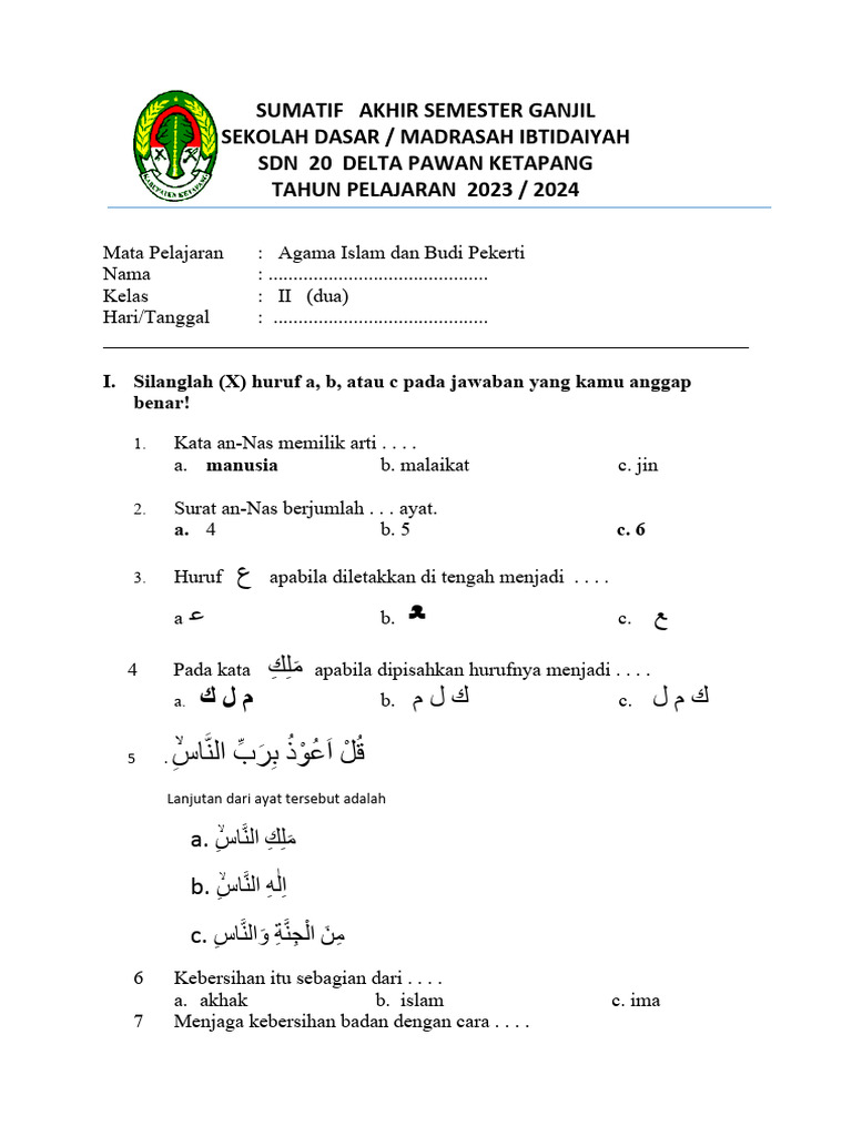 ULANGAN AKHIR SEMESTER 1 - Kelas 2 DR Bu Ros | PDF