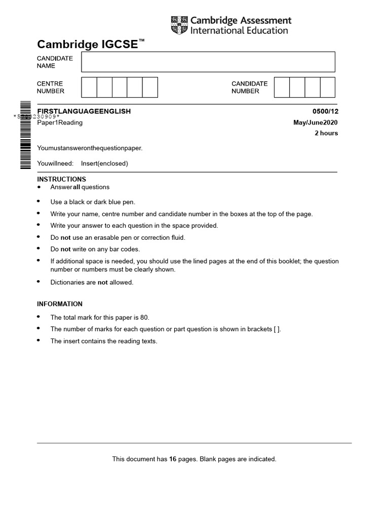 Cambridge IGCSE: Firstlanguageenglish 0500/12 | PDF