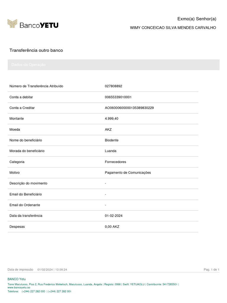 Exmo (A) Senhor (A) : Dados Da Operação | PDF