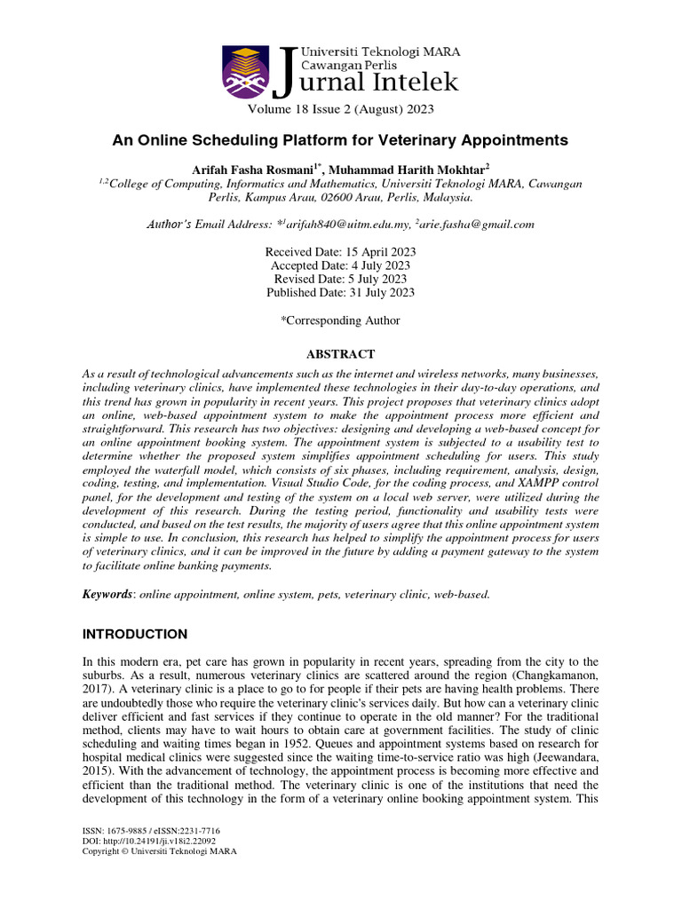 An Online Scheduling Platform For Veterinary Appointments: Volume 18 ...