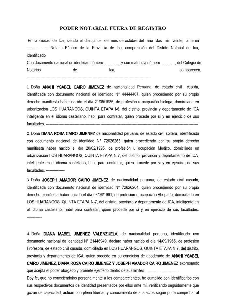 Carta Poder Notarial Fuera de Registro. | PDF