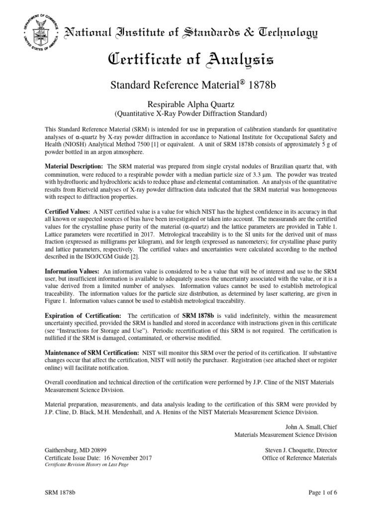 Certificate of Analysis: National Institute of Standards & Technology | PDF