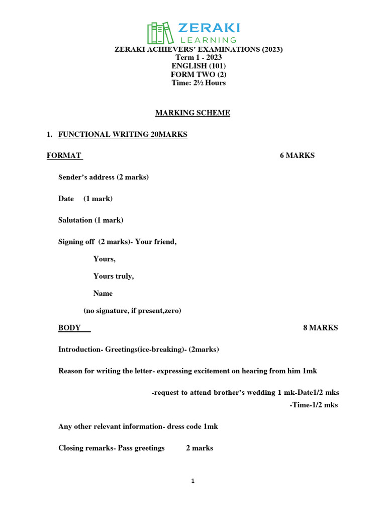 English Form 2 - Marking Scheme | Download Free PDF | Government | Kenya