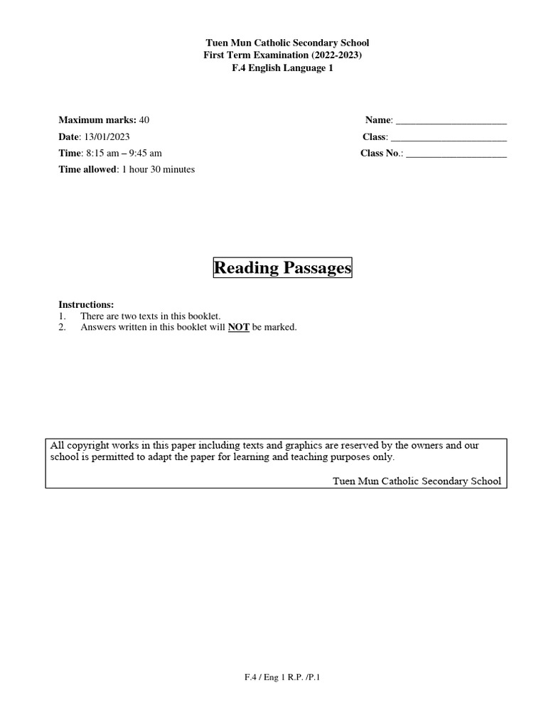 F.4 Eng (Paper 1 RP) E1 2223 | PDF | Employment | University