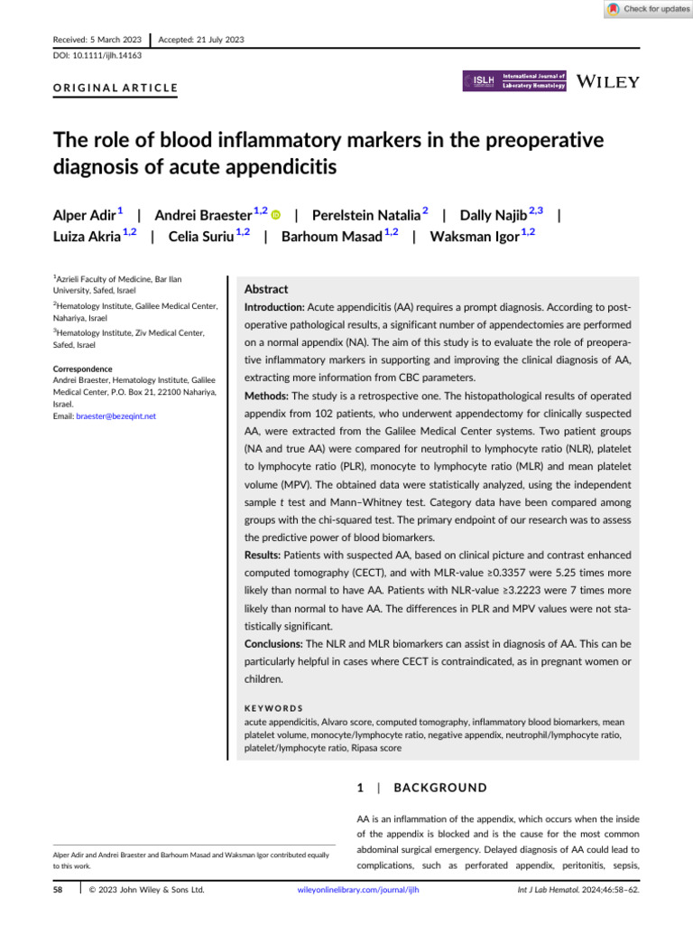Int J Lab Hematology - 2023 - Adir - The Role of Blood Inflammatory ...