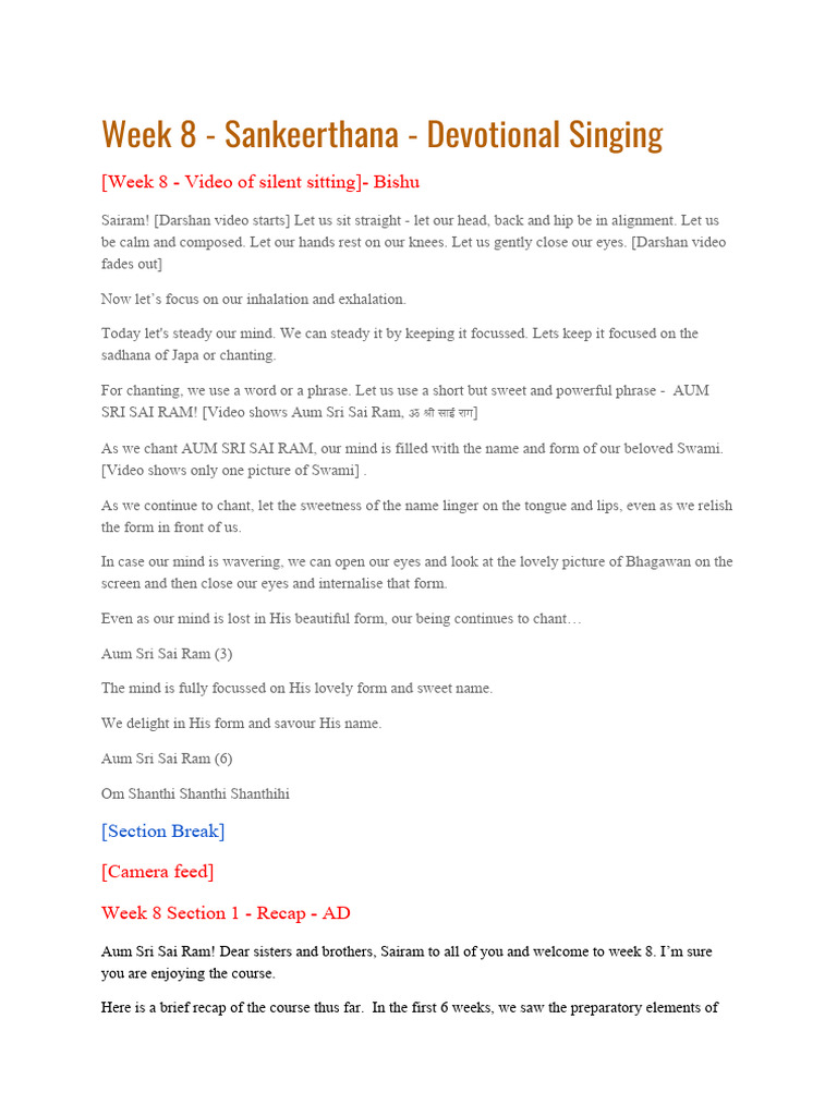 Week 8 - Sankeerthana - Devotional Singing | PDF