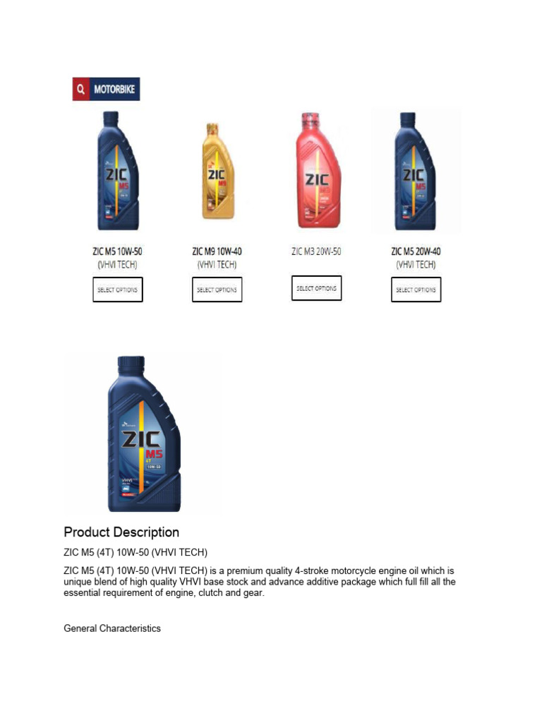 ZIC 4T Motorcycle Engine Oils Overview | PDF