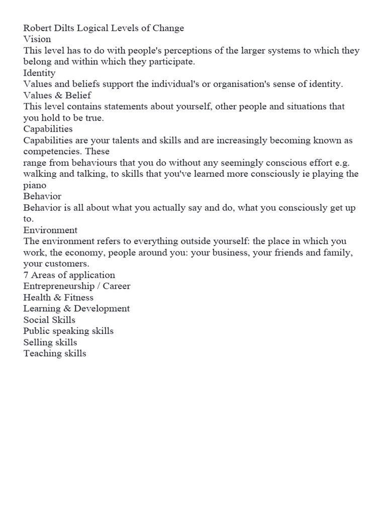 Robert Dilts' Logical Levels Explained | PDF | Self-Improvement