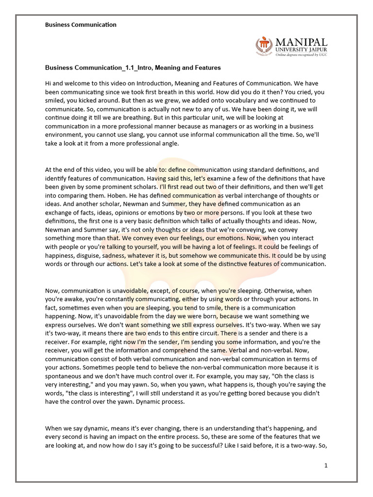 Business Communication - Unit 1 | PDF