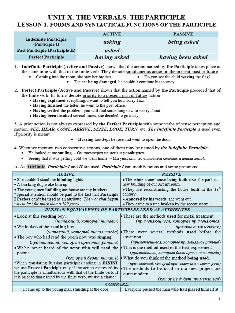 Unit X. The Verbals. The Participle.: Lesson 1 | PDF