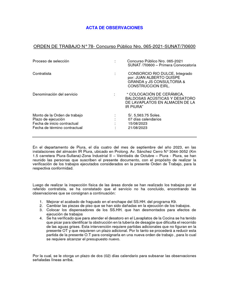 Acta de Observaciones OT N 78 | PDF