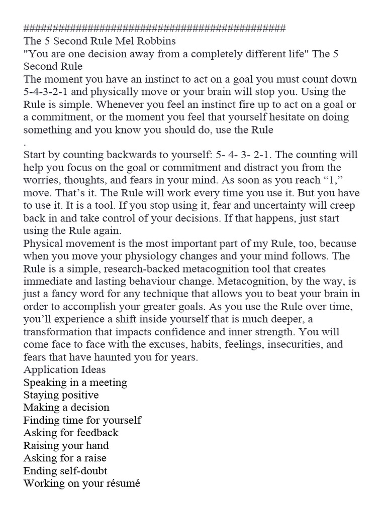 The 5 Second Rule Mel Robbins FC | PDF | Procrastination | Professional ...