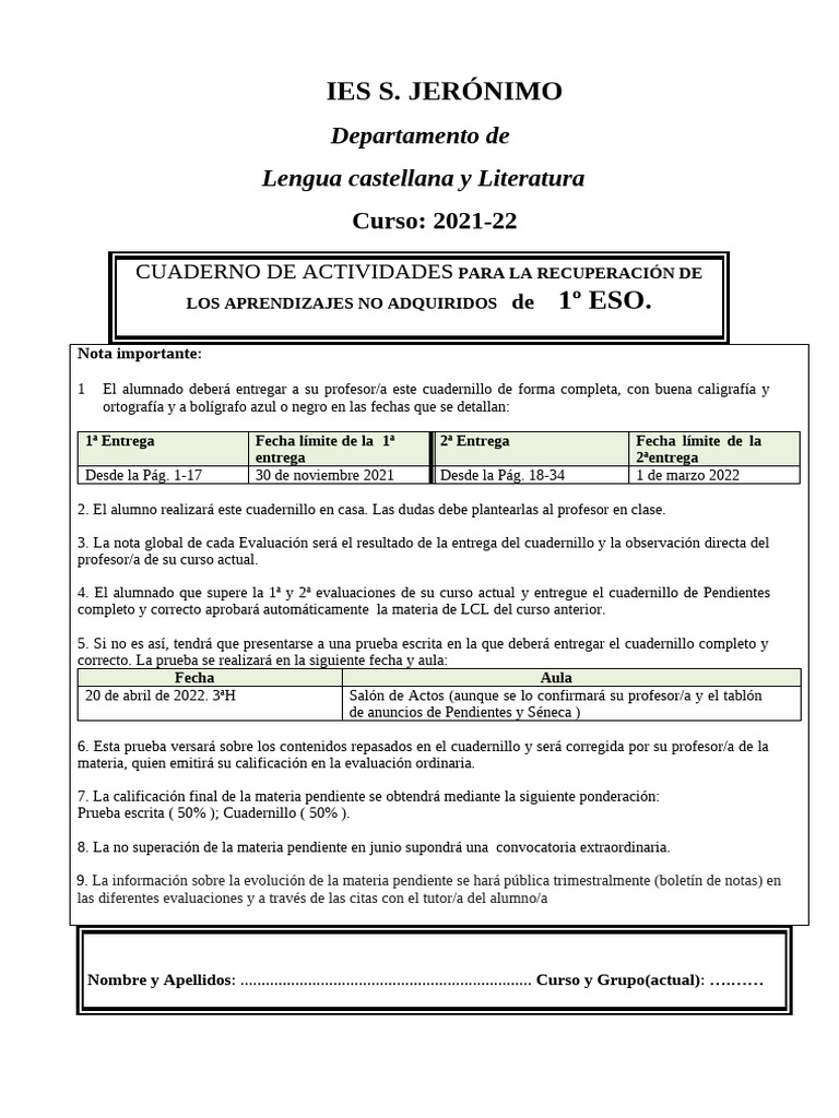 Cuadernillo Pendientes 1º Eso 2021 22 | PDF | Adjetivo | Sustantivo Cuadernillo Pendientes 1º Eso 2021 22 | PDF | Adjetivo | Sustantivo