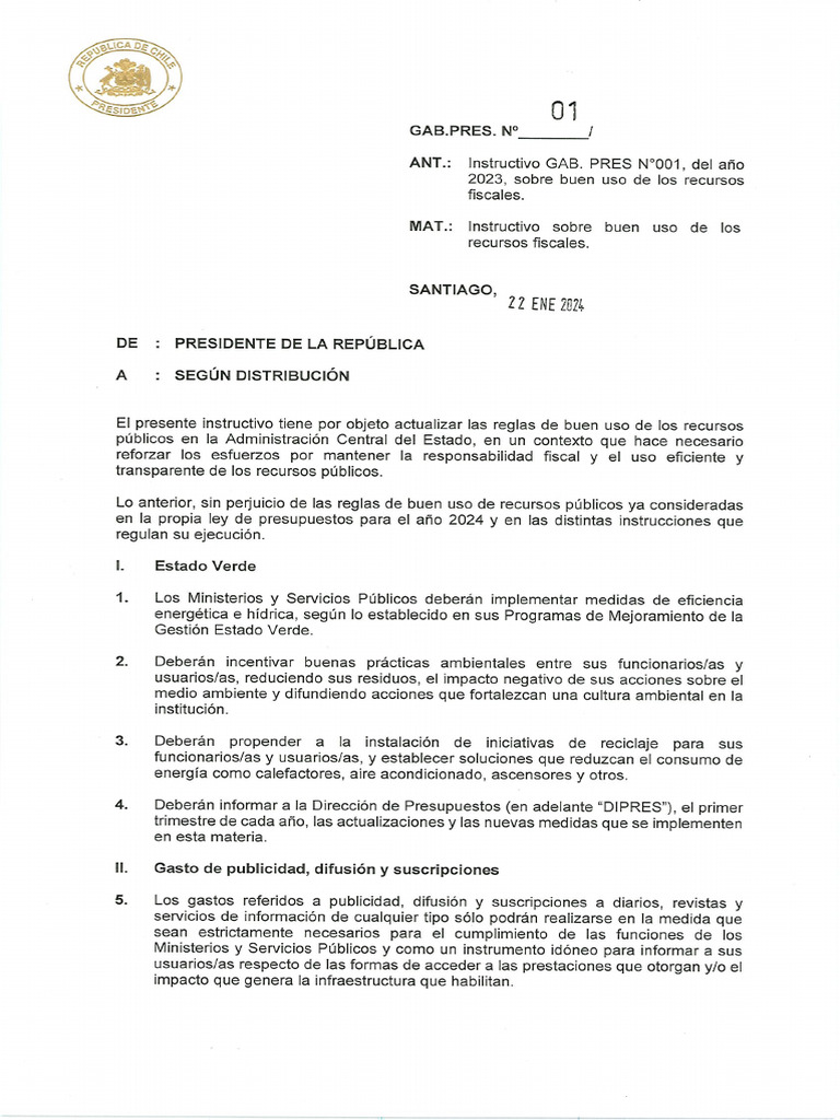 Instructivo - Gab - Pres N°001-2024 - Buen Uso Recursos Fiscales | PDF