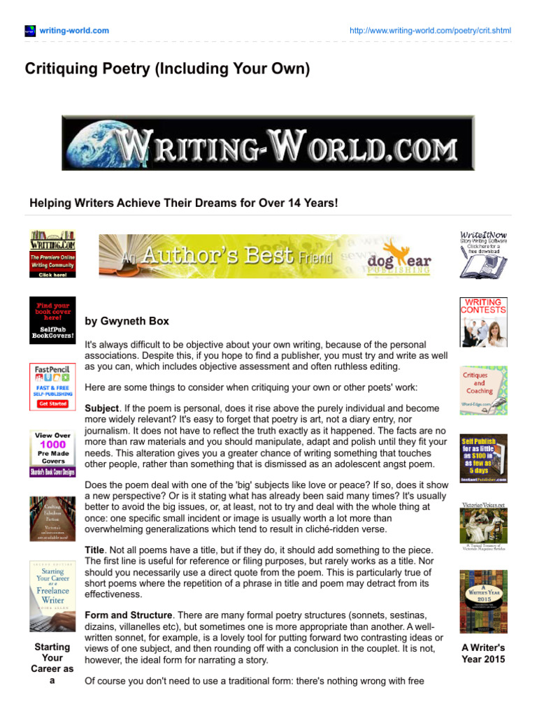 Critiquing Poetry Including Your Own | PDF | Poetry | Rhyme