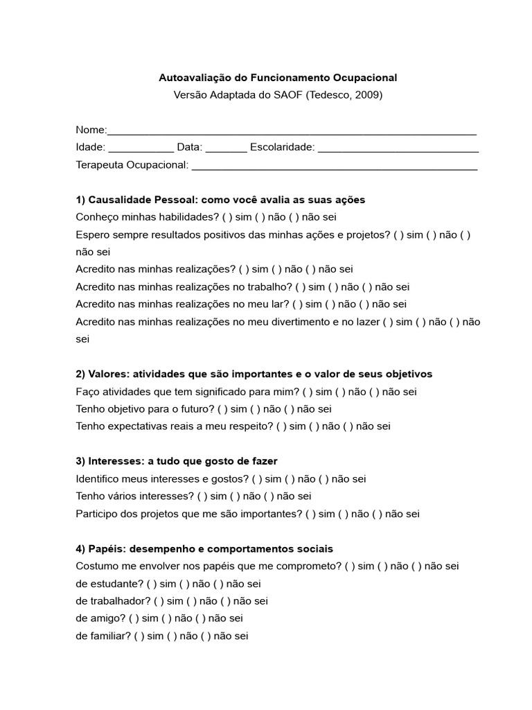 Autoavaliação Do Funcionamento Ocupacional Versão Adaptada Do SAOF | PDF