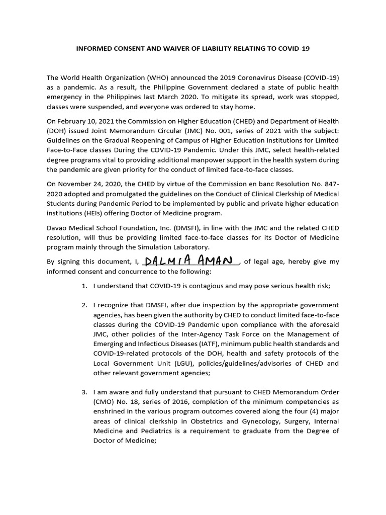 Dalmia Aman Consent Form Limited F2f Pdf Medical School Medicine