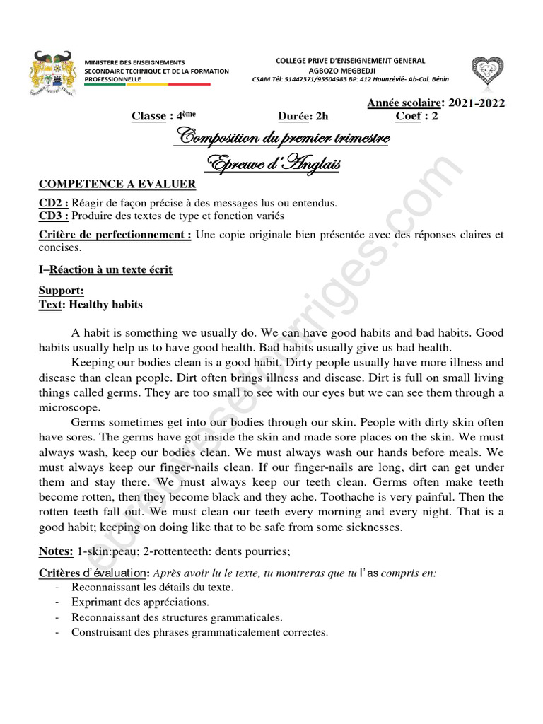 Composition Du 1er Trimestre Anglais 4ème 2021-2022 Cpeg Agbozo Megbedji | PDF | Diseases And ...