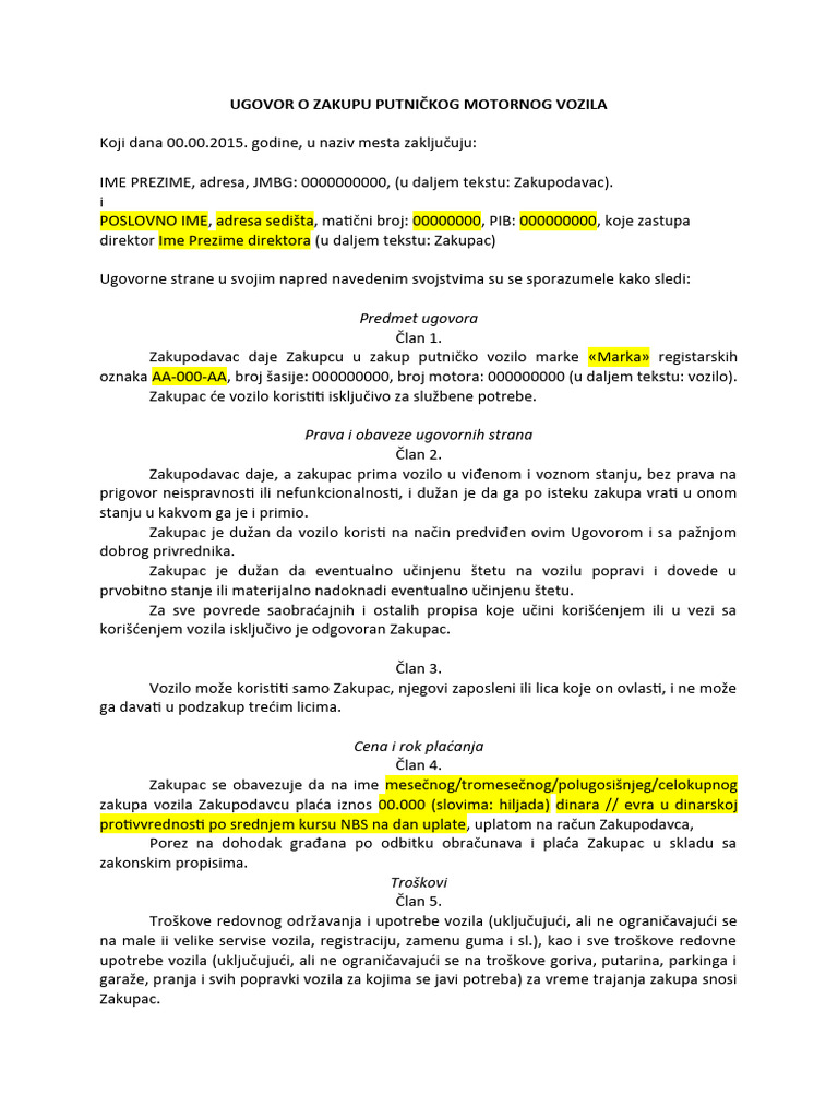 Primer Ugovora o Zakupu Vozila | PDF