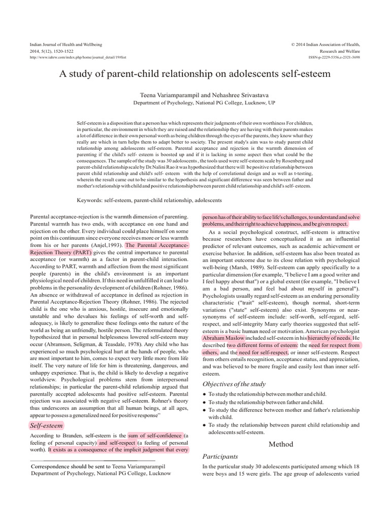 A Study of Parent-Child Relationship On Adolescents Self-Esteem | PDF