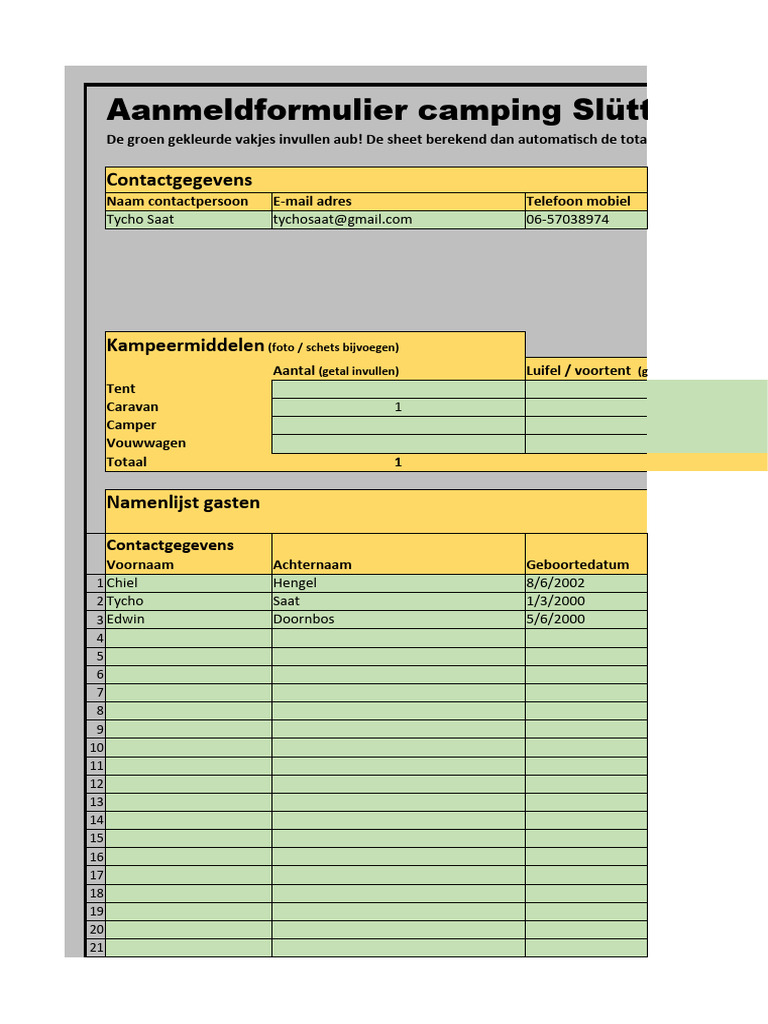 Aanmeldformulier ZC2024 Camping Slutter Ingevuld | PDF