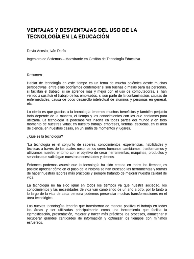 Ventajas y Desventajas Del Uso de La Tecnología en La Educación | PDF