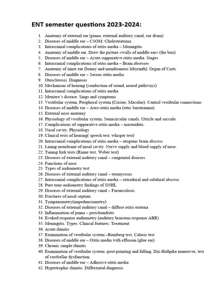 ENT Semester Questions 2023-2024 | PDF | Ear | Medical Specialties