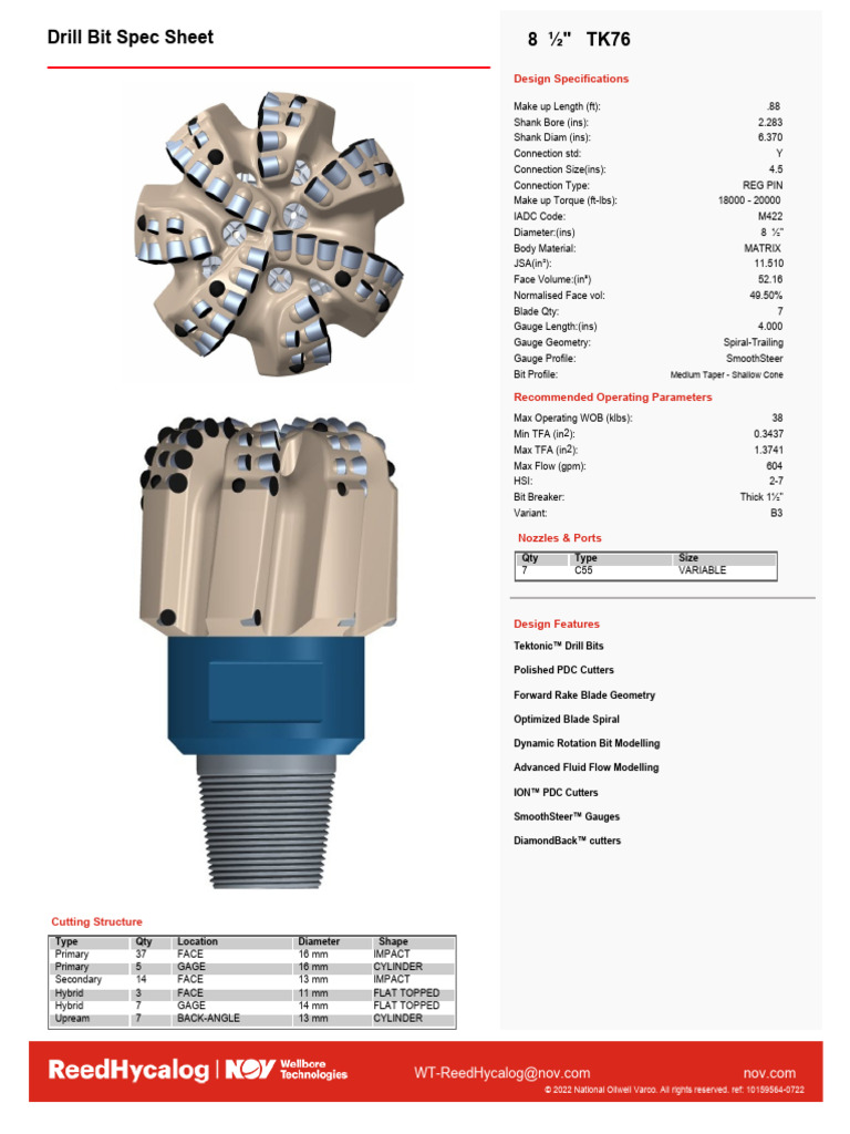 Drill Bit Spec Sheet 8 " TK76: Design Specifications | PDF