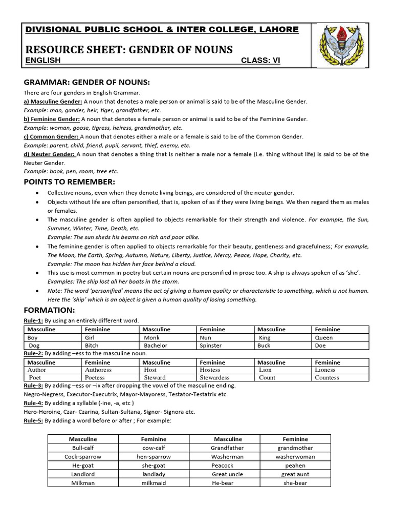 Resource - Gender of Nouns (Class Vi) | PDF | Grammatical Gender | Noun