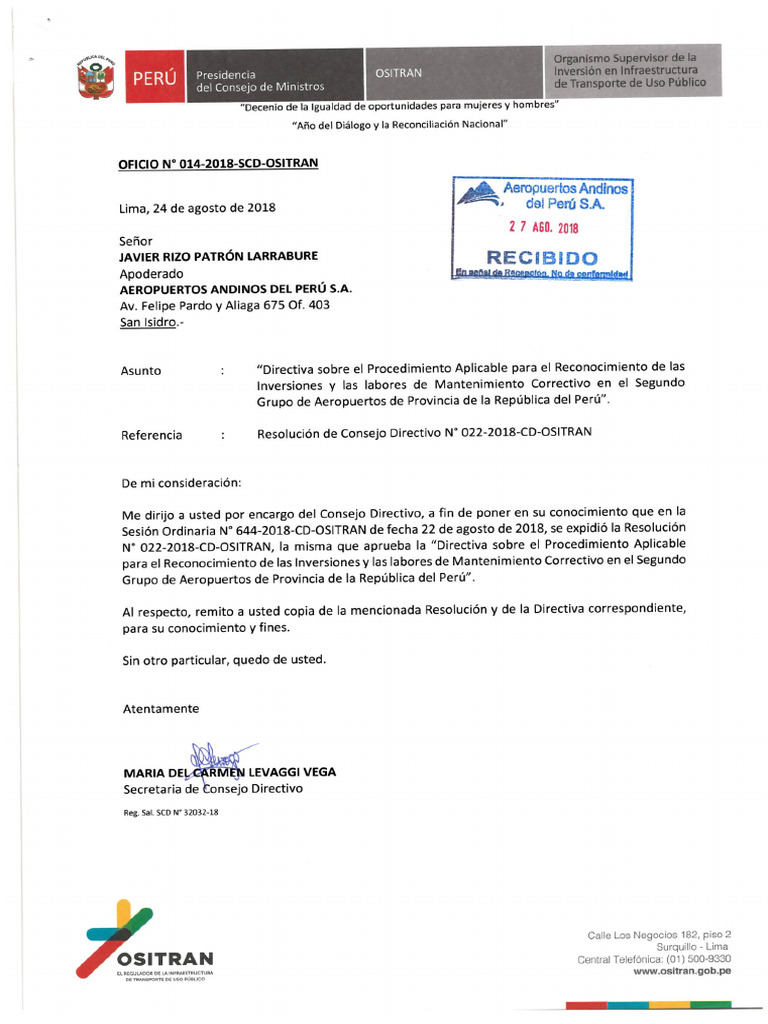 Oficio-014-2018-Ositran Aprobacion de La Directiva para Reconocimiento de Los Correctivos | PDF