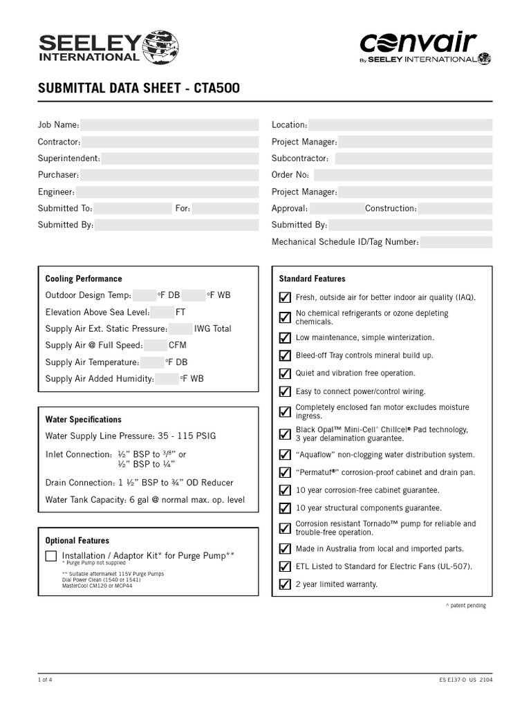 Convair Evap CTA 500 Submittal Sheet English | PDF | Electric Motor ...