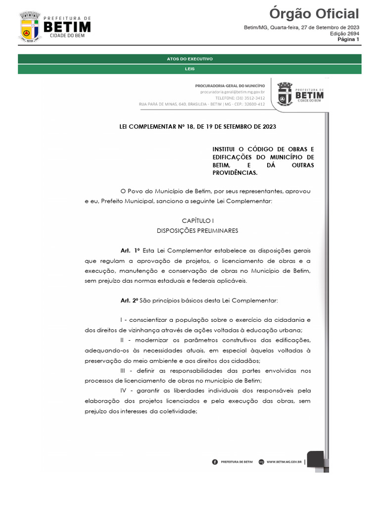 Lei Complementar #18 de 19 de Setembro de 2023 Código de Obras | PDF
