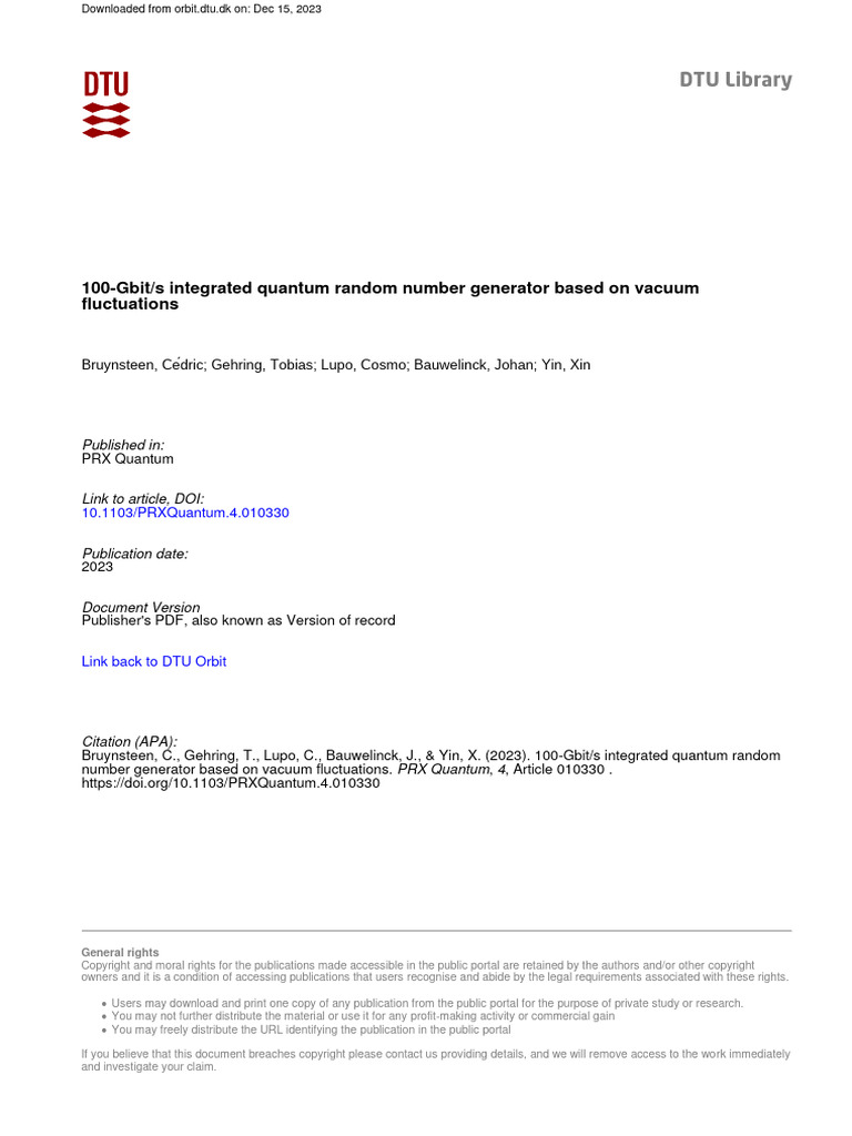 100 Gbitss Integrated Quantum Random Number Generator Based On Vacuum ...
