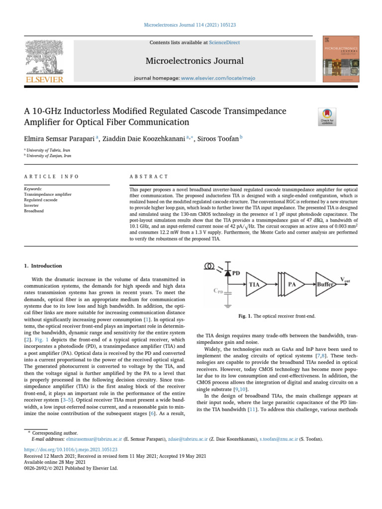 A 10-GHz Inductorless Modified Regulated Cascode Transimpedance Amplifier For Optical Fiber ...