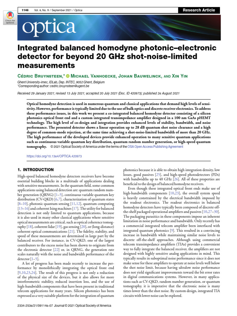 Integrated Balanced Homodyne Photonic-Electronic Detector For Beyond 20 ...