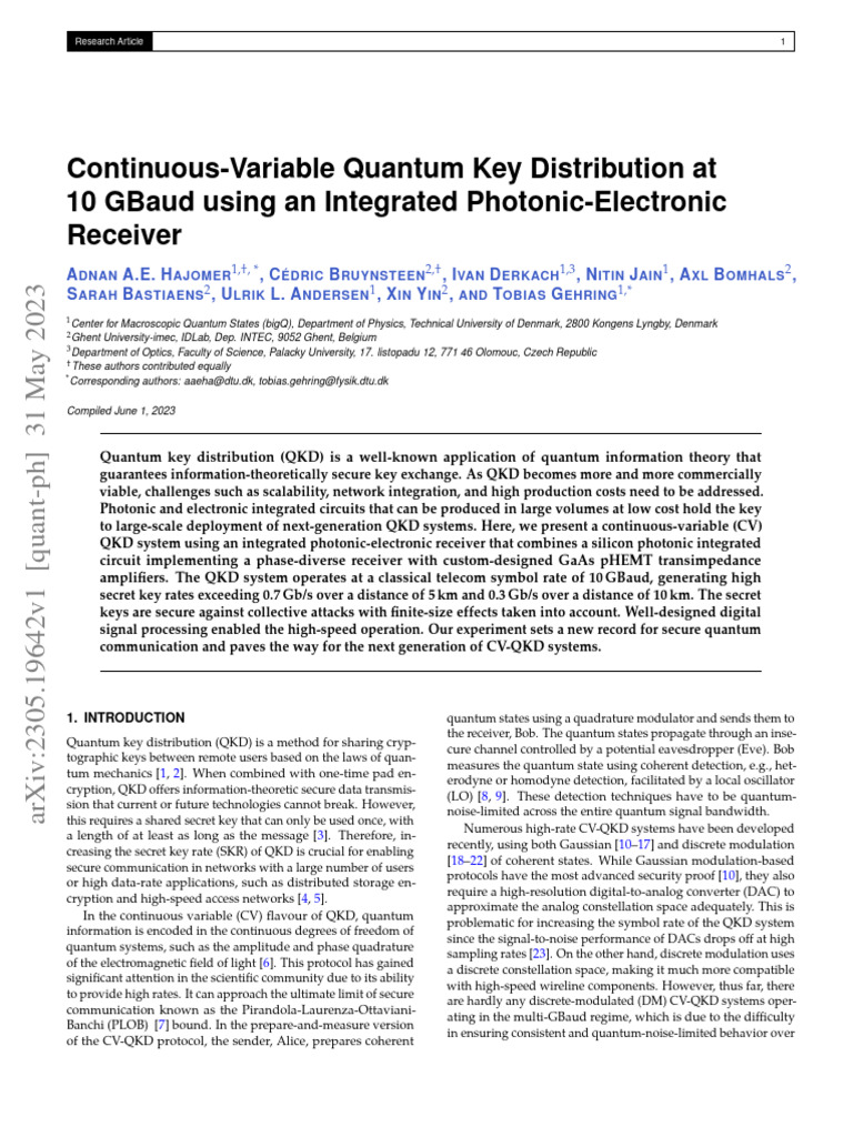 Continuous-Variable Quantum Key Distribution at 10 GBaud Using An Integrated Photonic-Electronic ...