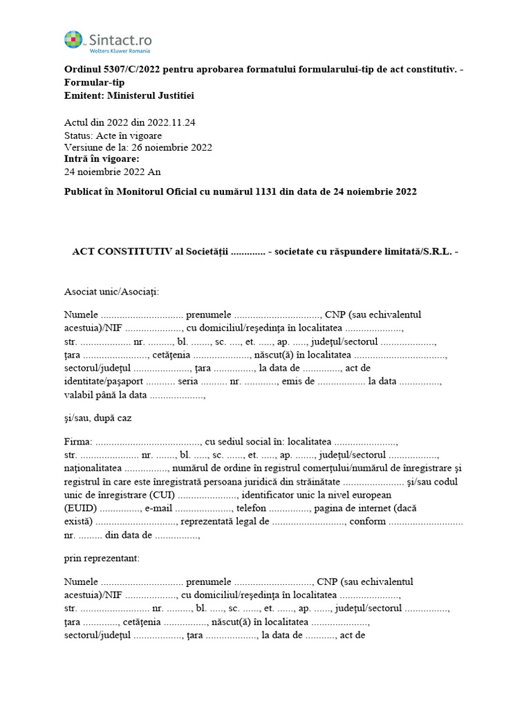 Model Act Constitutiv SRL | PDF
