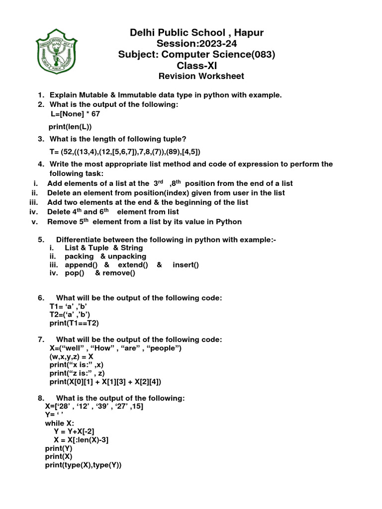 Rev Worksheet CS XI (2023-24) | PDF | Software Development | Computer Science